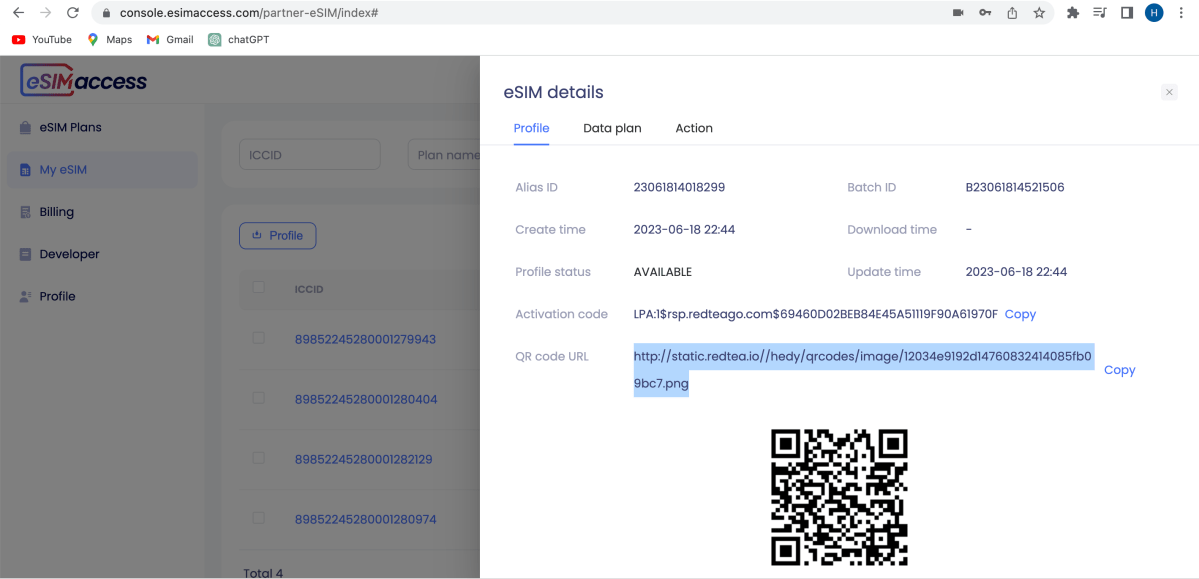 eSIM Dashboard for ordering eSIMs and managing eSIMs